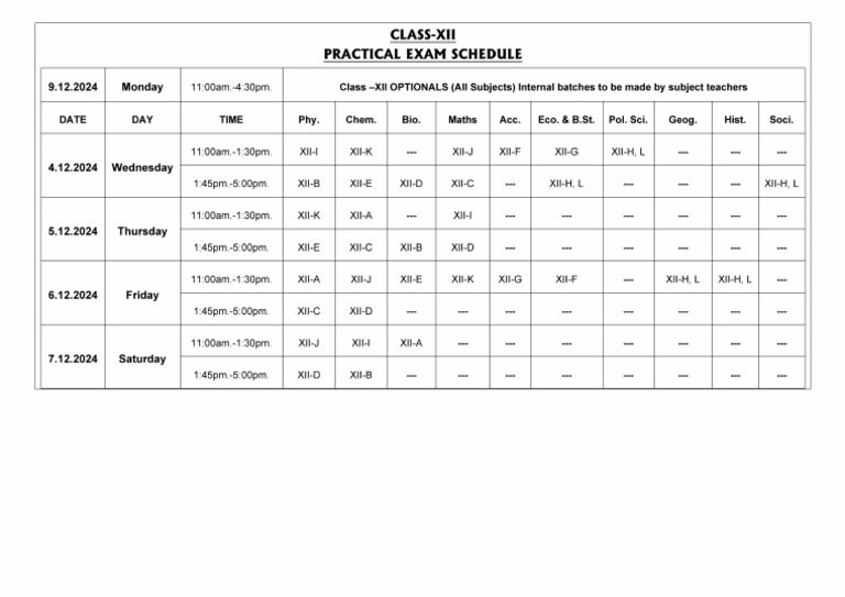 Class-XII (Practical Schedule) | PDF