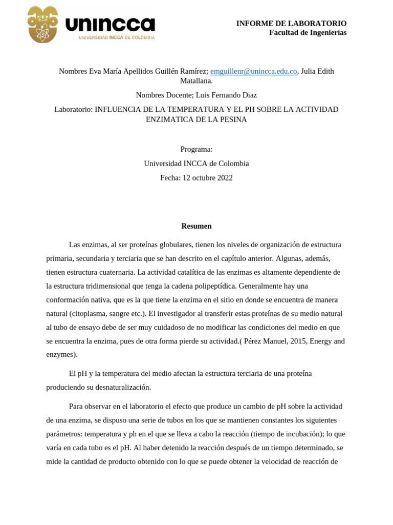 Informe de Laboratorio PH y Temperatura 72153 | PDF | Enzima | La cinética de enzimas