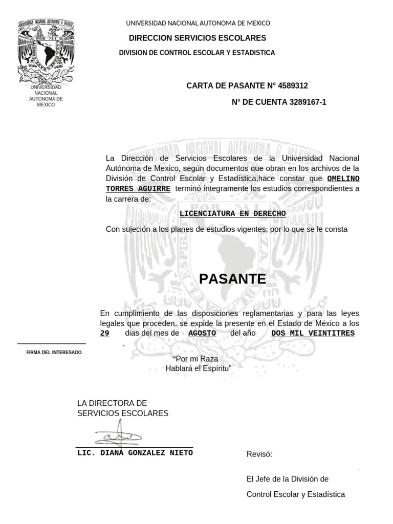 Carta Pasante Unam Omelino Torres Aguirre | PDF