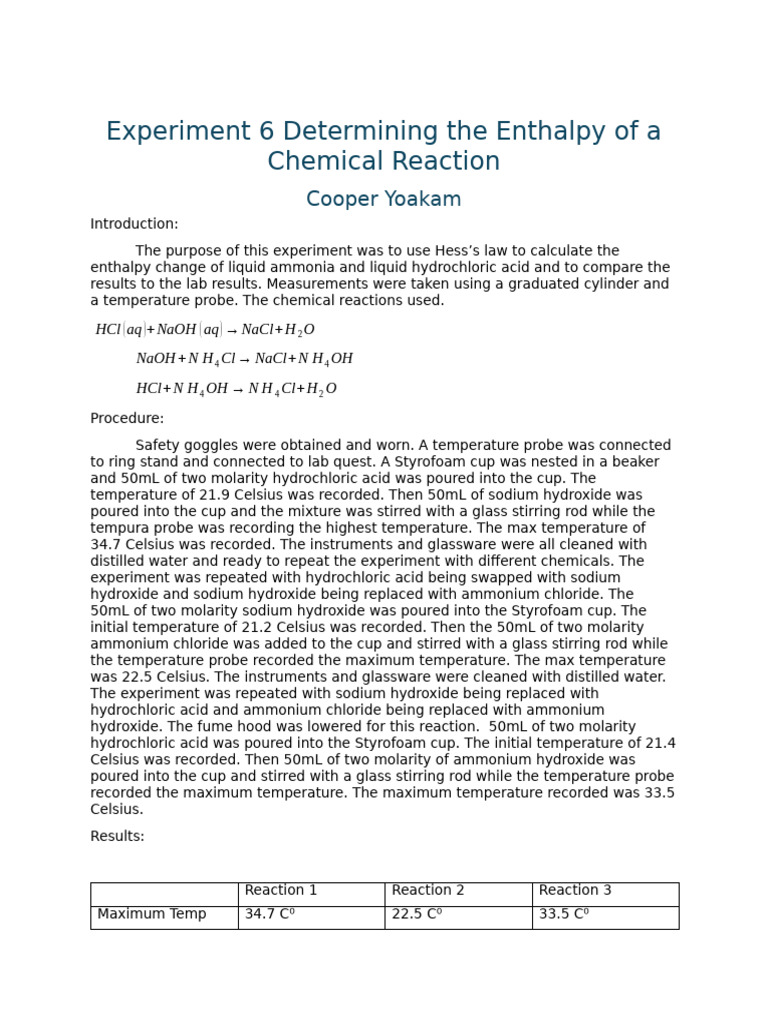 Experiment 6 Determining the Enthalpy of a Chemical Reaction | PDF ...