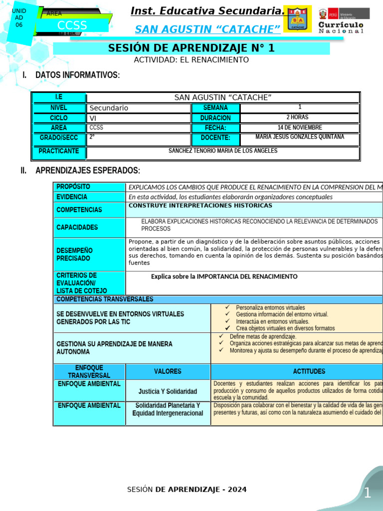 SESION CCSS 1° SEC-SEMANA 01 UNI 6 | PDF | Maestros | Evaluación