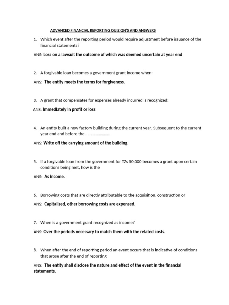 Advanced Financial Reporting Quiz Answers | PDF | Fair Value | Expense