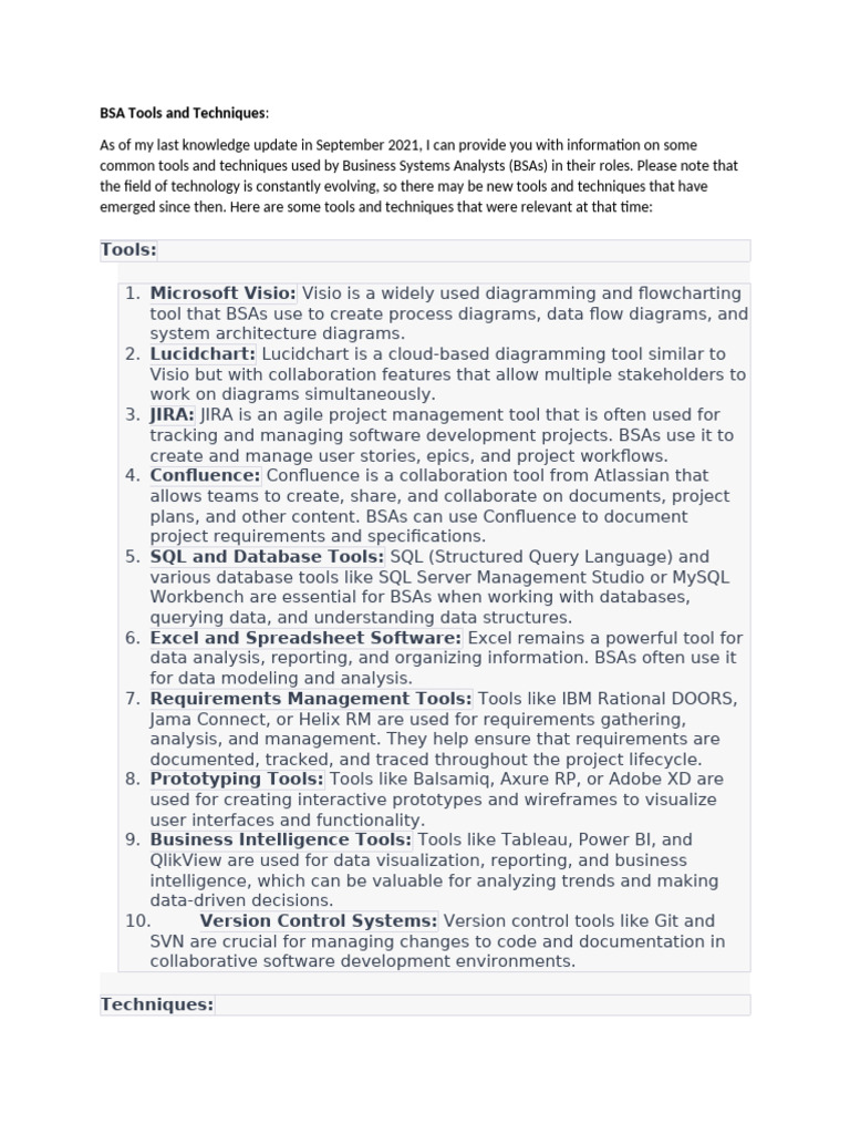 BSA Tools and Techniques | PDF | Use Case | Databases