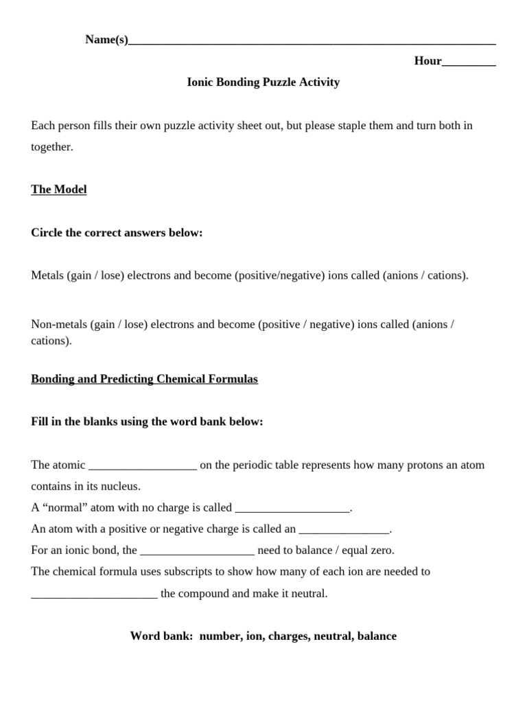 Ionic Puzzle Activity Written Portion | PDF | Ion | Chemical Compounds