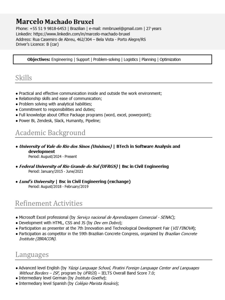 CV Marcelo Machado Bruxel - English | PDF | Investing | Business