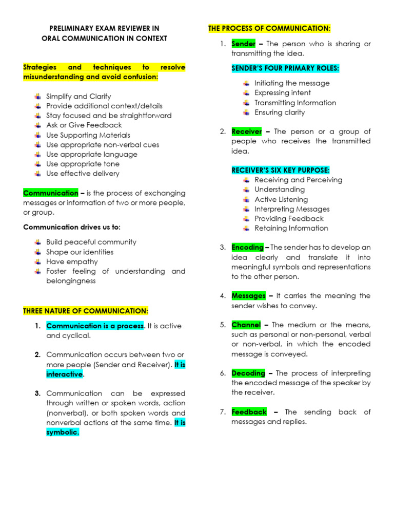 Preliminary Exam Reviewer in Oral Comm | PDF | Communication | Nonverbal Communication
