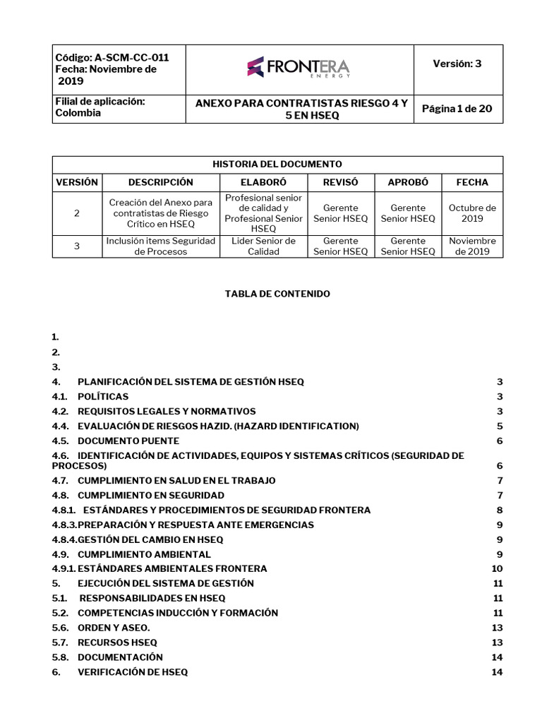 A-SCM-CC-011 Anexo HSEQ - Contratistas - Riesgo 4-5 V3 (Col) | PDF ...