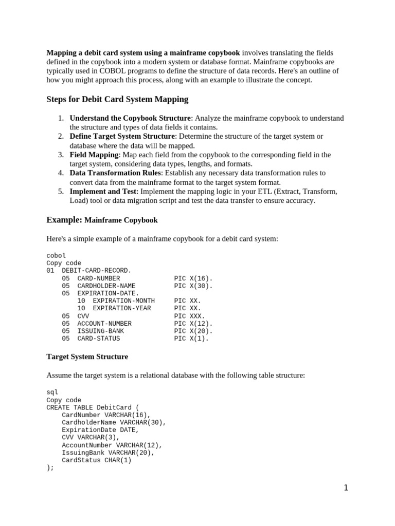 Mapping a debit card system using a mainframe copybook involves ...