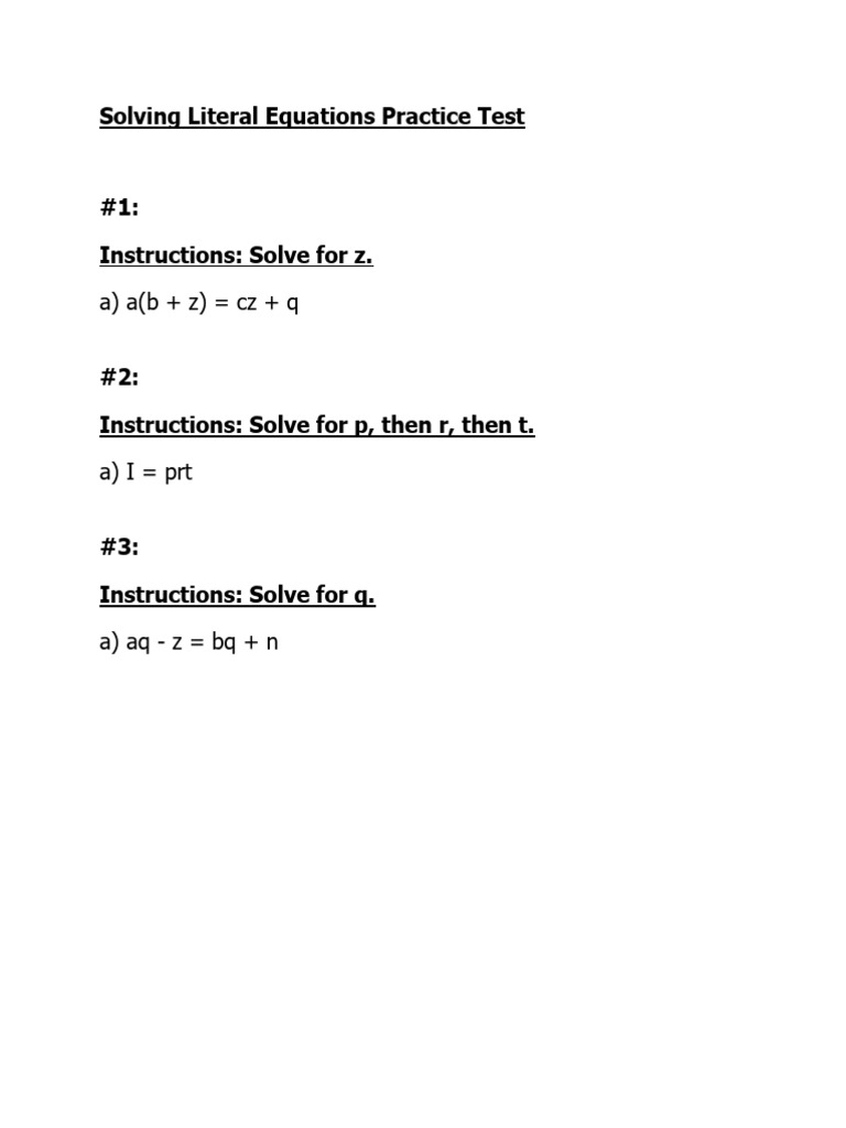 Solving Literal Equations Practice Test: A) A (B + Z) CZ + Q | PDF