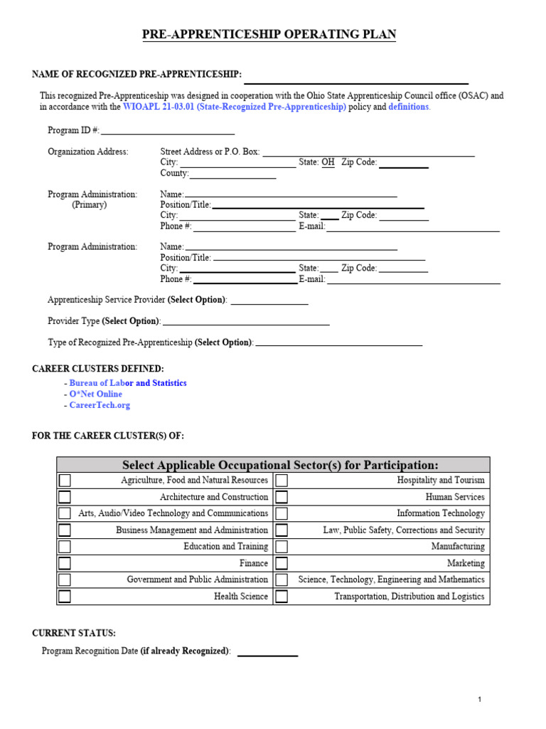Pre Apprenticeship Operating Plan Template | PDF | Affirmative Action ...
