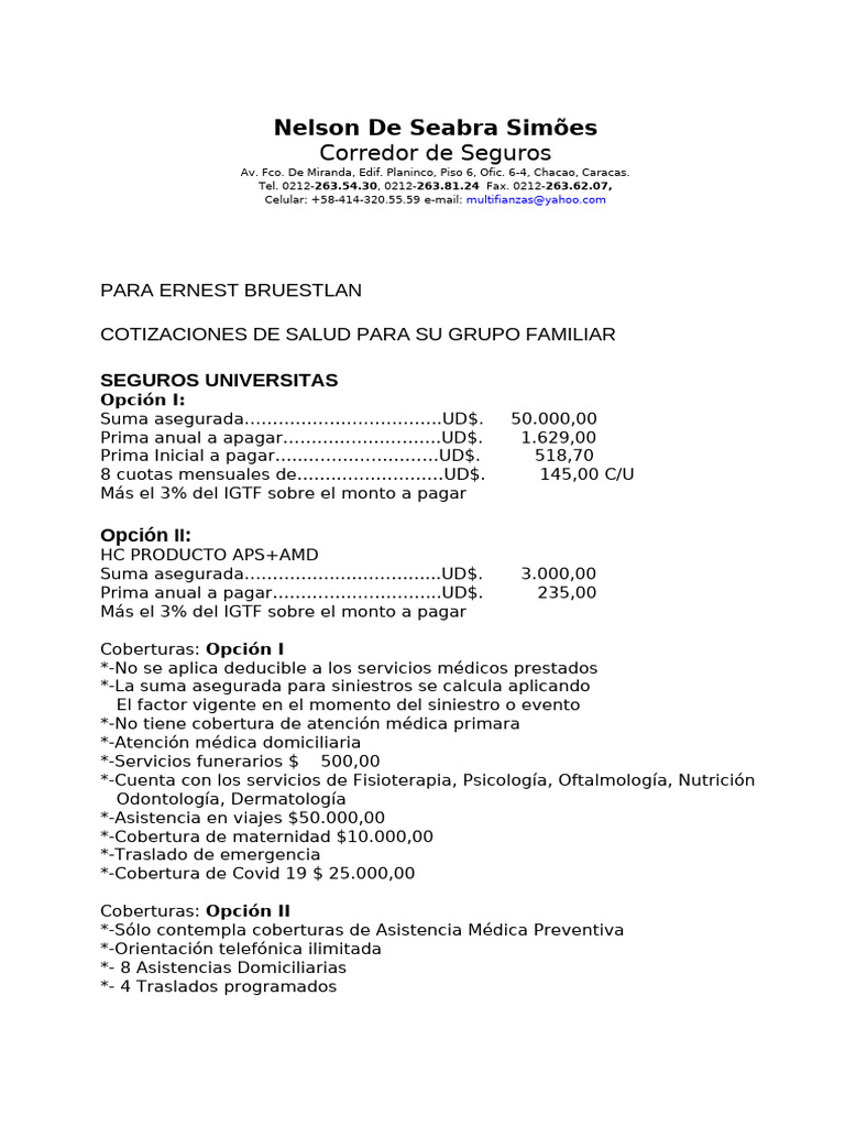 Cotizaciones Salud Ernest Bruestlen | PDF