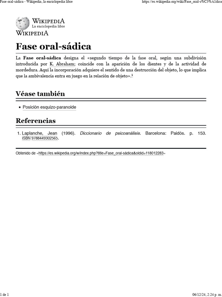 Fase oral-sádica - Wikipedia, la enciclopedia libre | PDF
