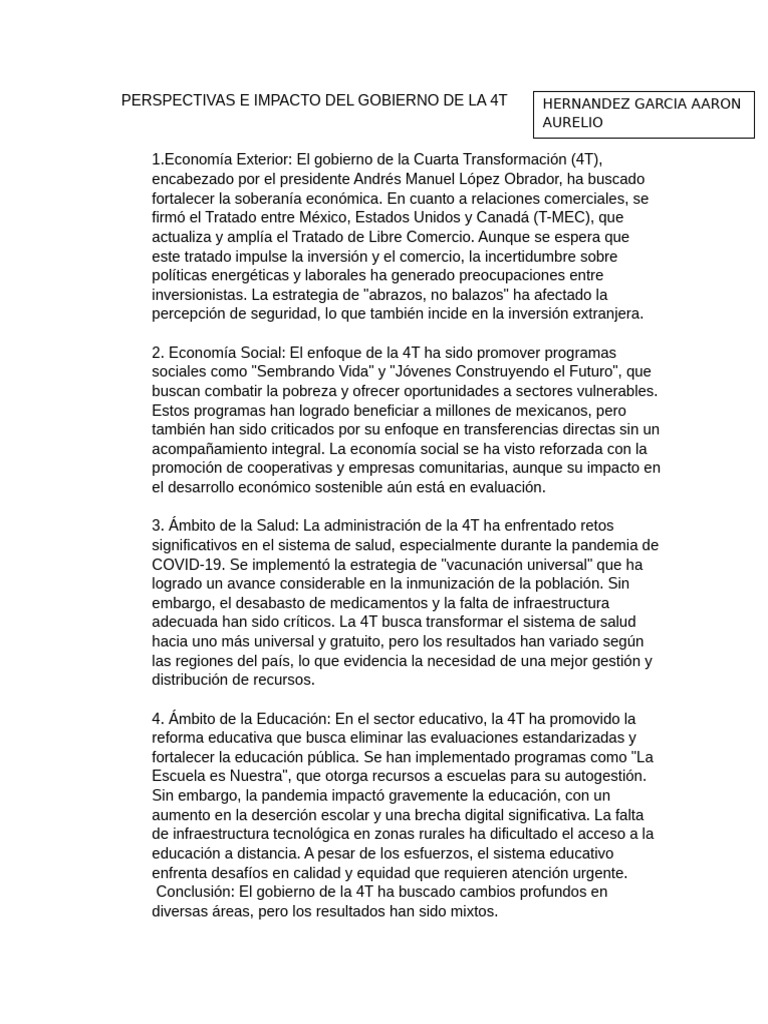 Perspectivas e Impacto Del Gobierno de La 4T | PDF | Economias
