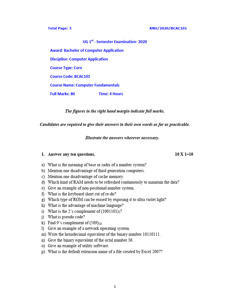 1stSem_2020_BCAC101 | PDF | Random Access Memory | Computer Memory