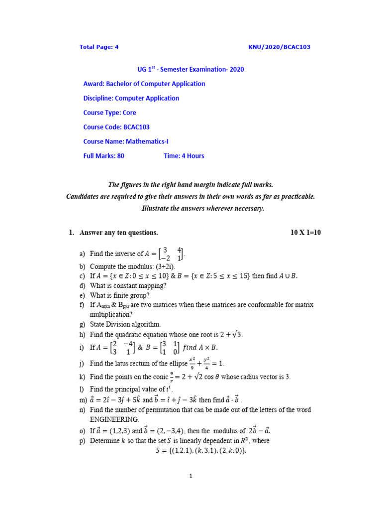 1stSem_2020_BCAC103 | PDF | Matrix (Mathematics) | Complex Number