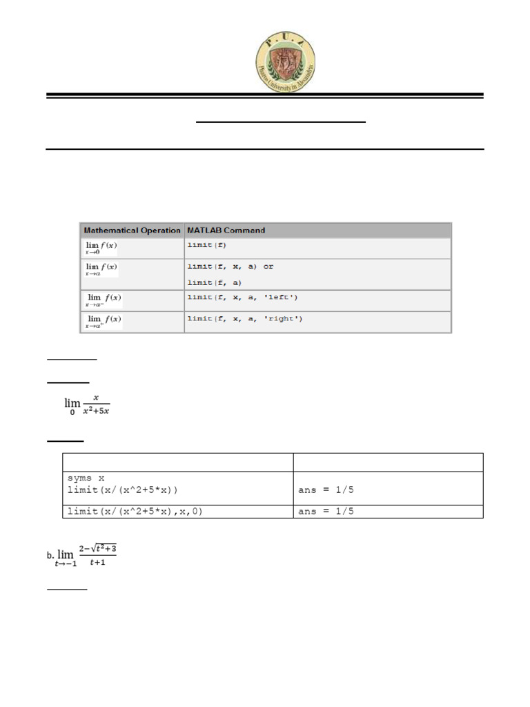 EBS101 - Math1 - MATLAB - Session 9 - Limits - 2024-2025 | PDF | Matlab ...