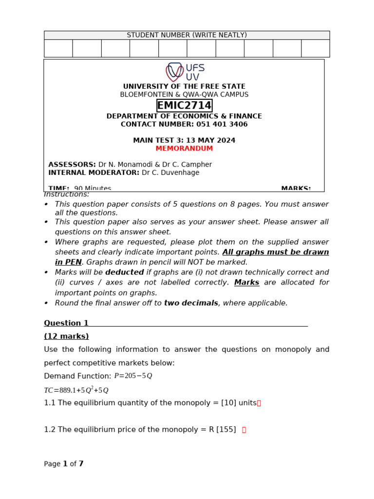 Test 3 Memo - For BB - 2024 | PDF | Economic Equilibrium | Monopoly
