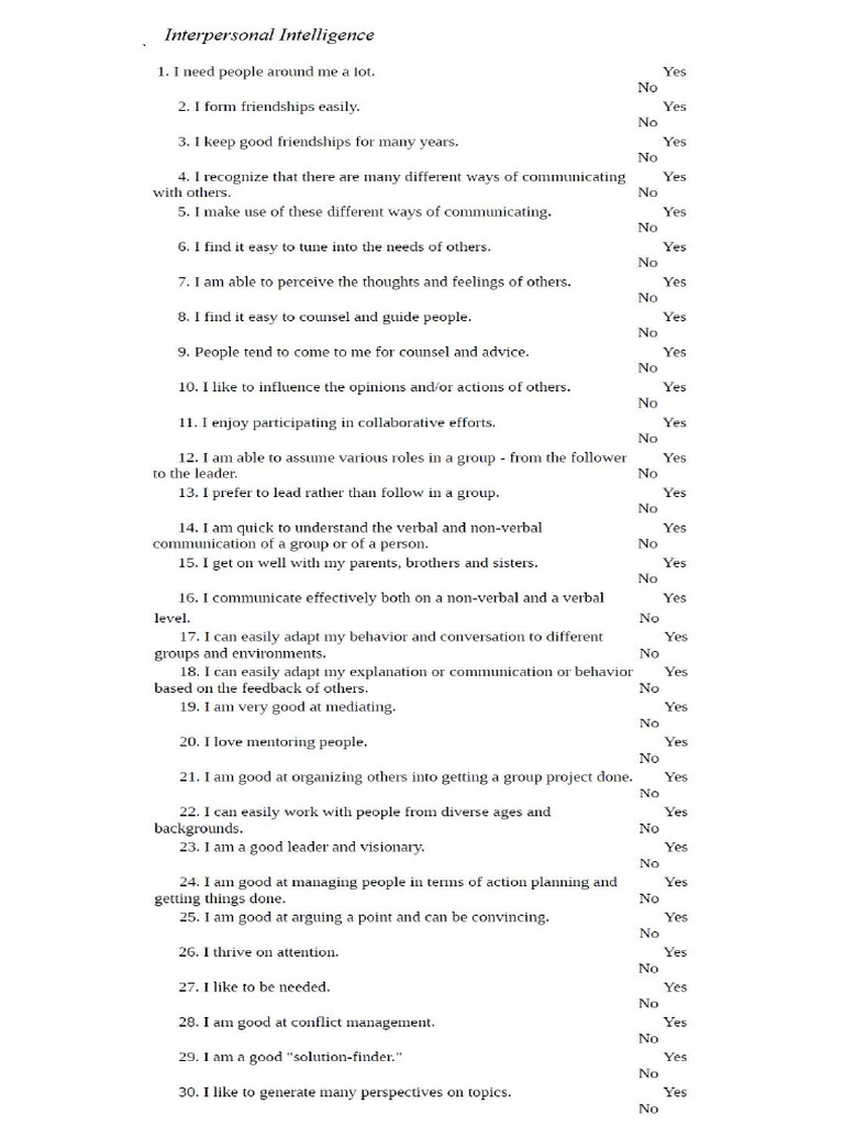 The Gift Profile Questionnaire - Interpersonal Intelligence | PDF