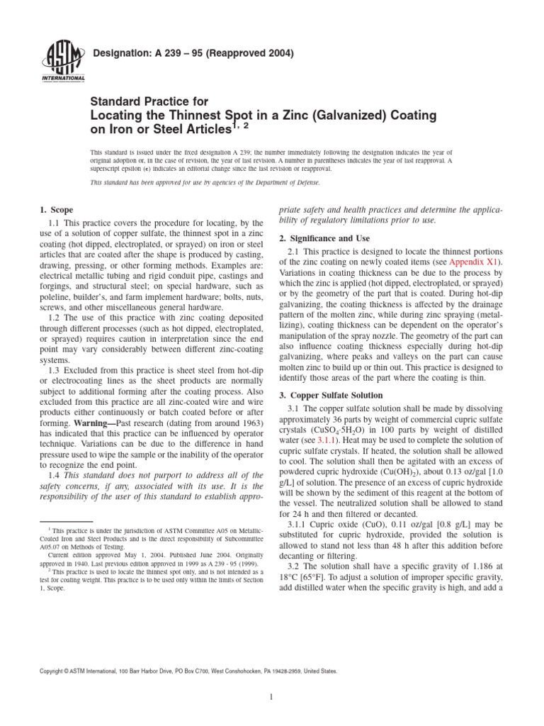 Locating The Thinnest Spot in A Zinc (Galvanized) Coating On Iron or Steel Articles | PDF | Zinc ...