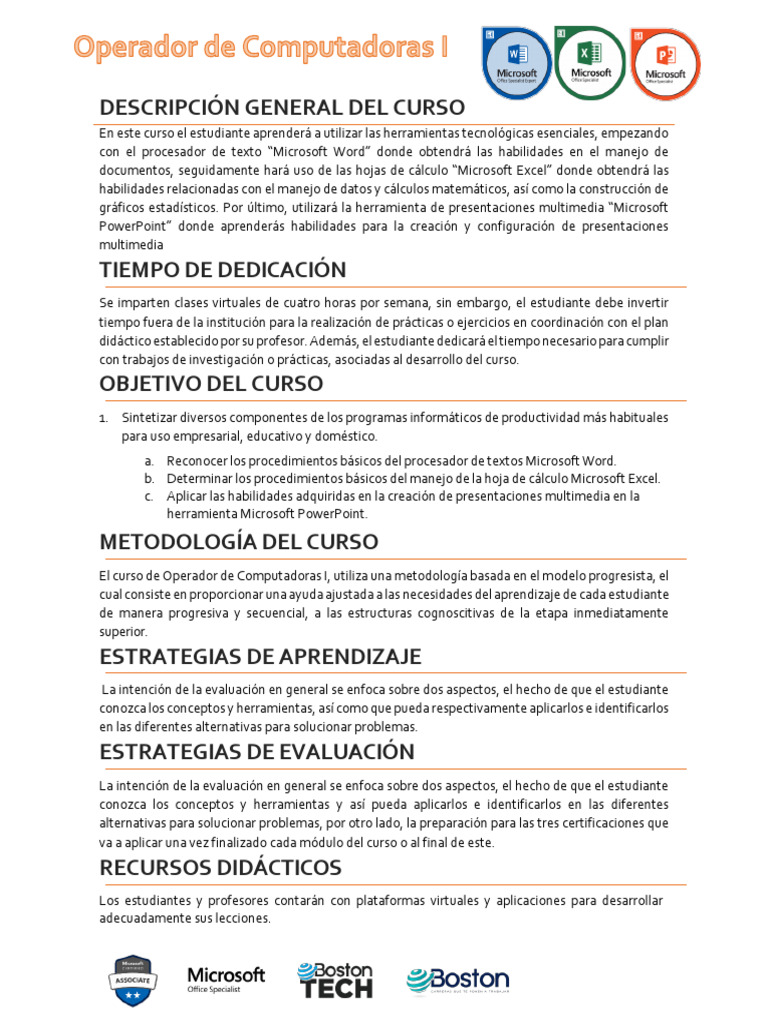 Operador de Computadoras I 1 | PDF | Microsoft | Microsoft Excel