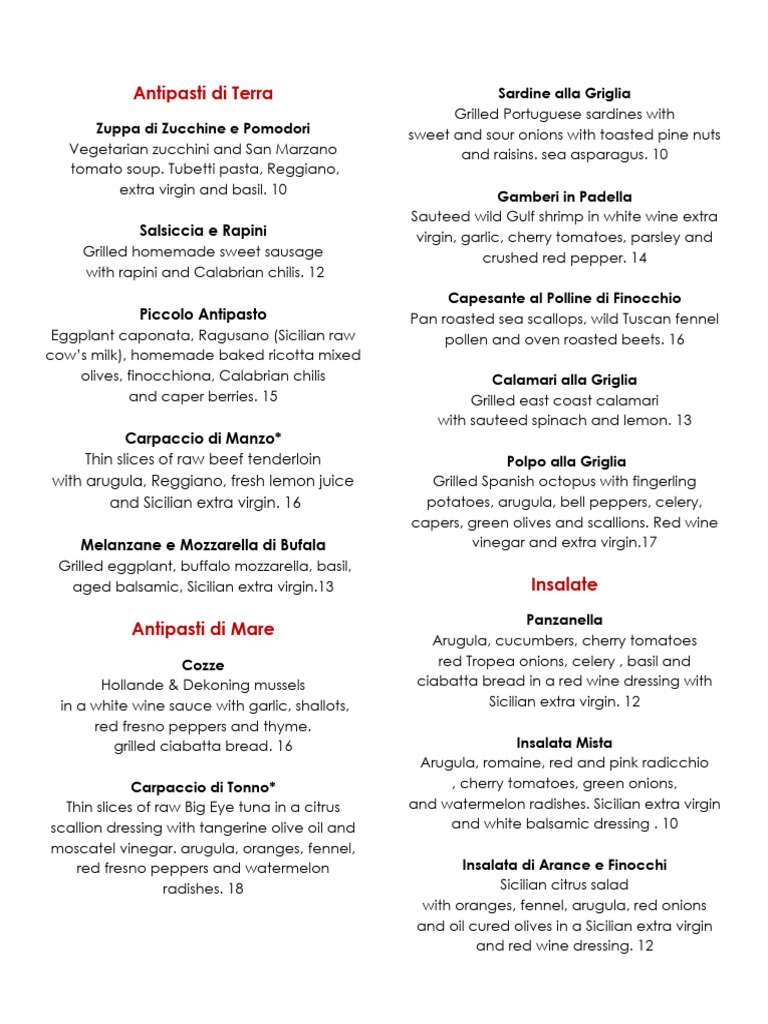 Italian Antipasti and Pasta Menu | PDF | Italian Cuisine | European Cuisine