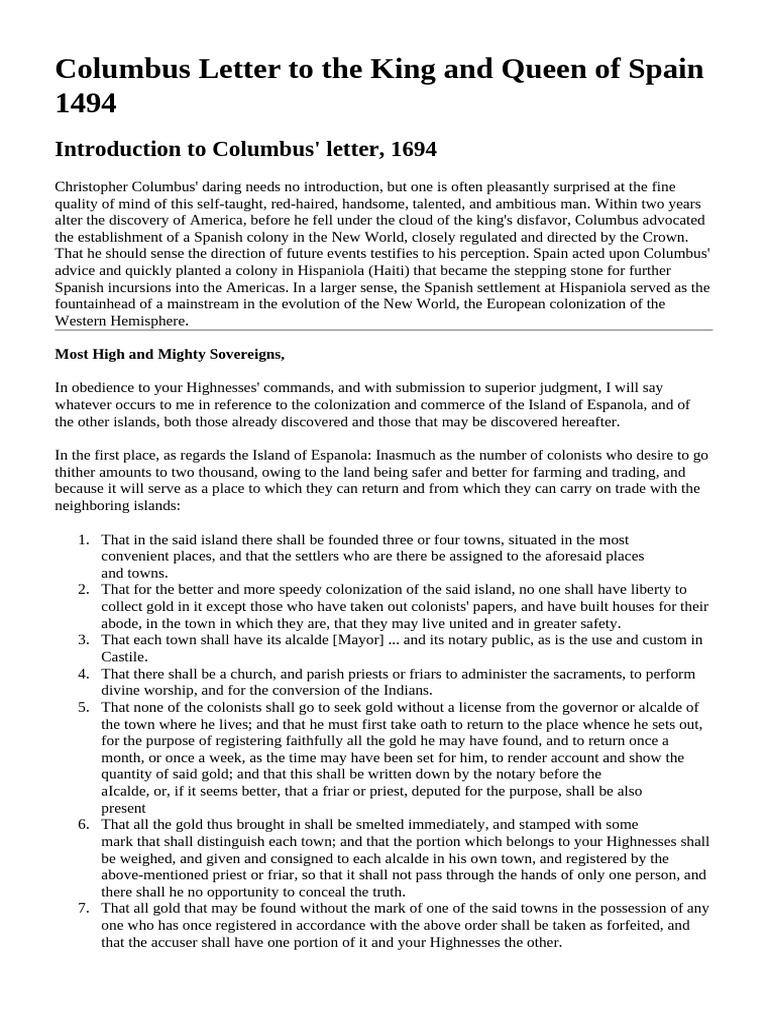 Columbus' Letter on Hispaniola Colonization | PDF | Christopher ...