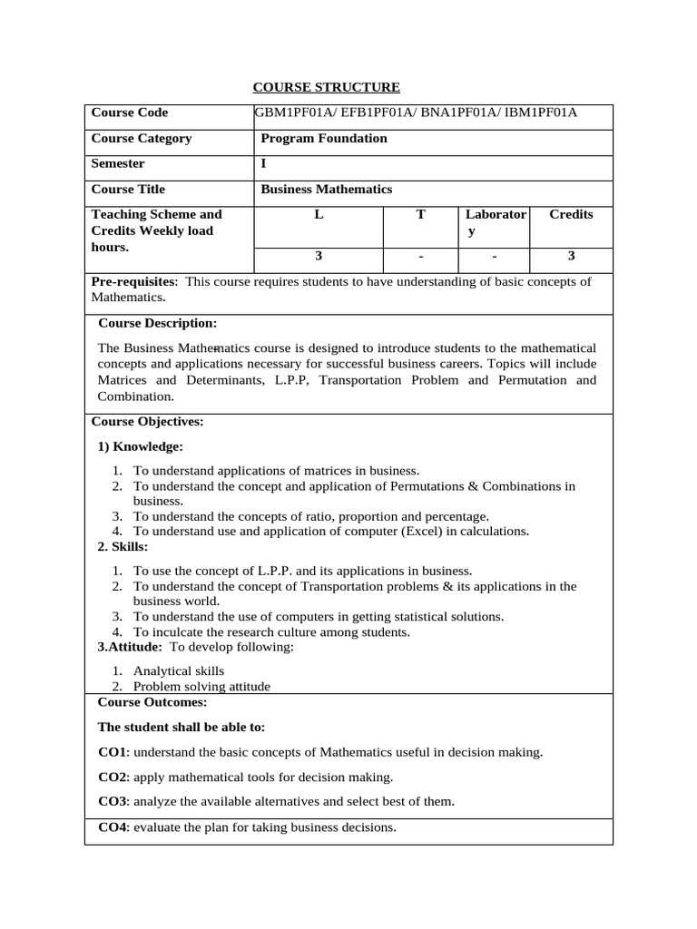 RSOL FYBBA BUsiness Mathematics Syllabus | PDF | Matrix (Mathematics ...