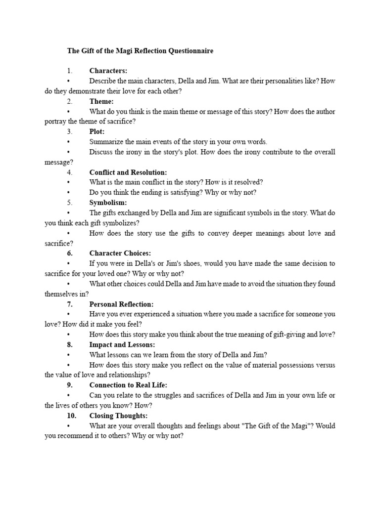 The Gift of The Magi Reflection Questionnaire | PDF | Human Communication
