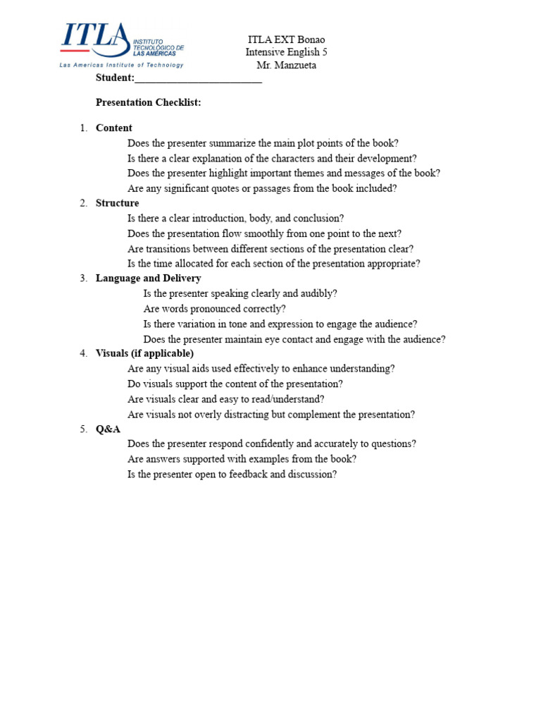 Student Book Presentation Checklist | PDF | Human Communication | Cognition