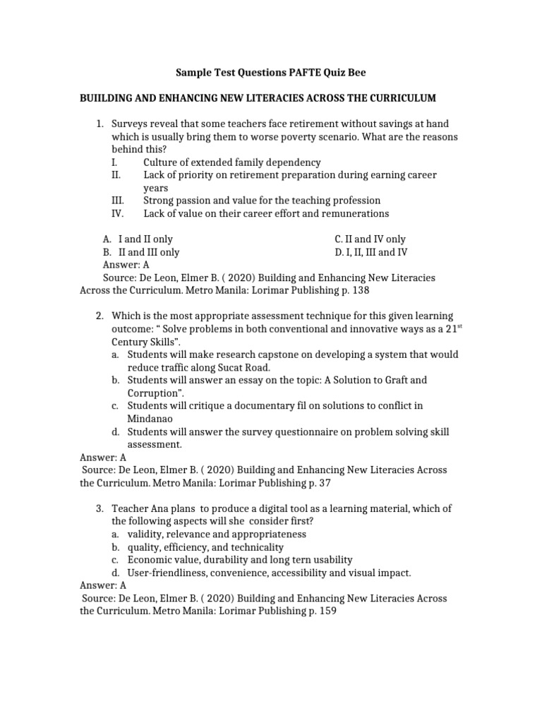 Sample Test Questions PAFTE Quiz Bee November 22 | PDF | Educational ...