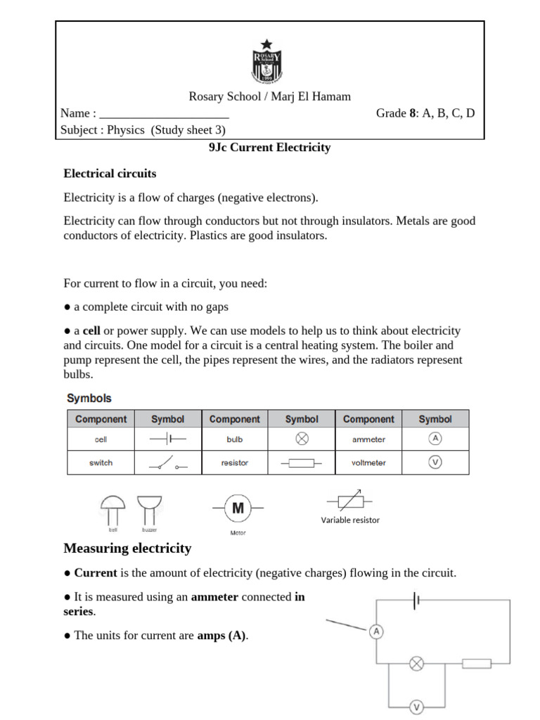 Electricity Study Sheet 2024 Pearson Grade 8 | PDF | Electrical ...