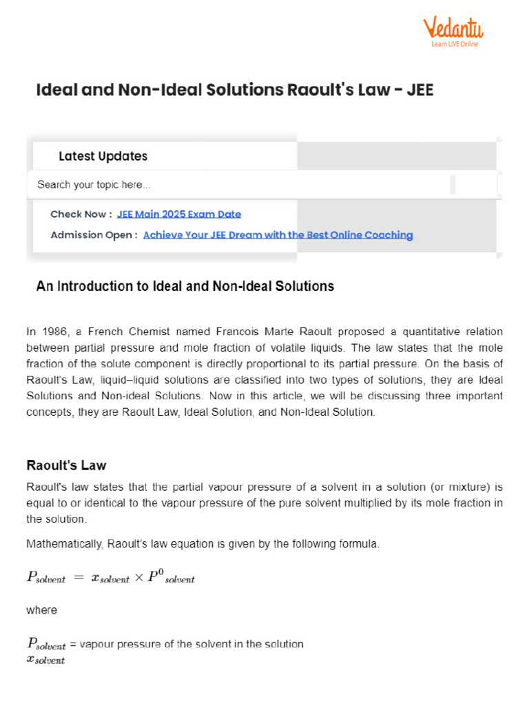 Ideal and Non-Ideal Solutions Raoult's Law - JEE | PDF