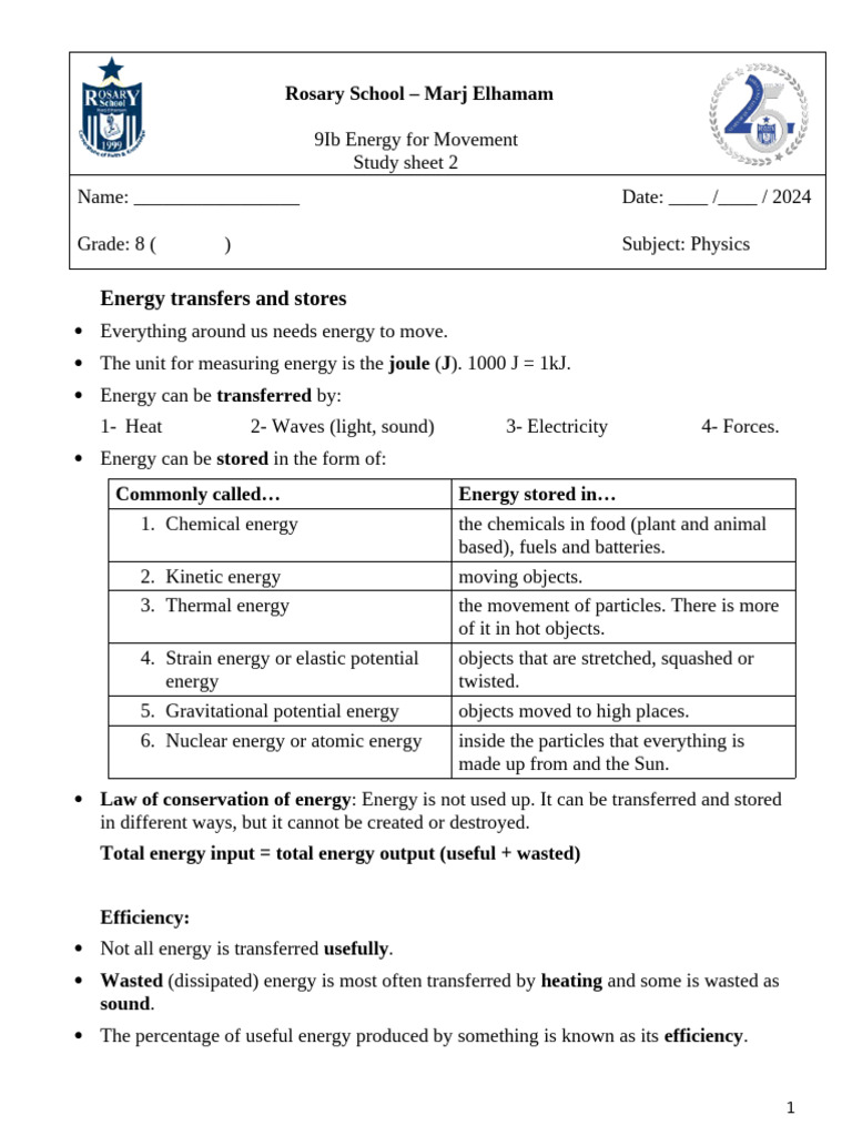 Study Sheet 2 9ib Energy For Movement Pearson Edexcel Grade 8 | PDF ...