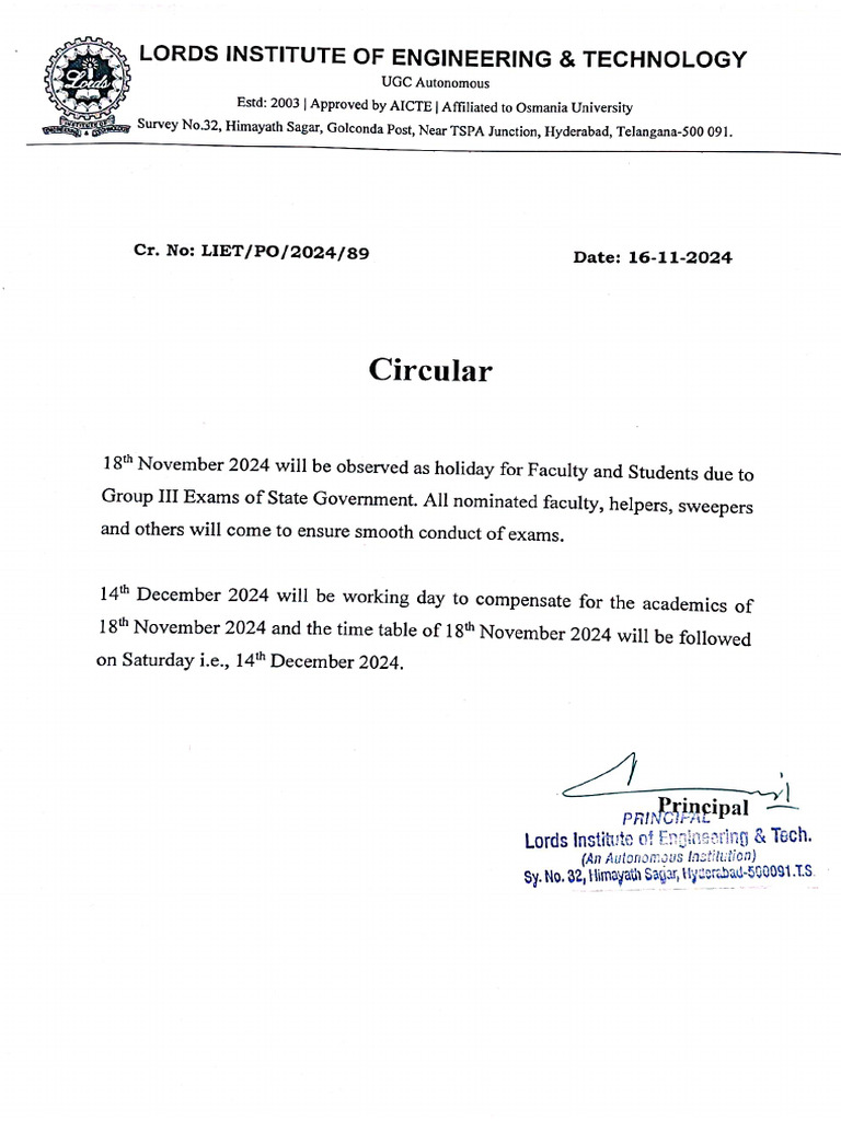 Group III Exam Holiday Circular | PDF