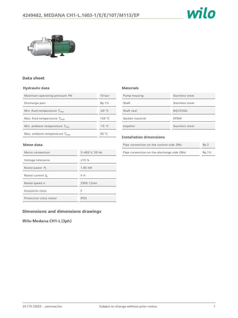 Wilo Datasheet - Oemvac - en - 4249482 - 4249482 Medana ch1 L 1603 1 e e 10t m113 Ep | PDF ...