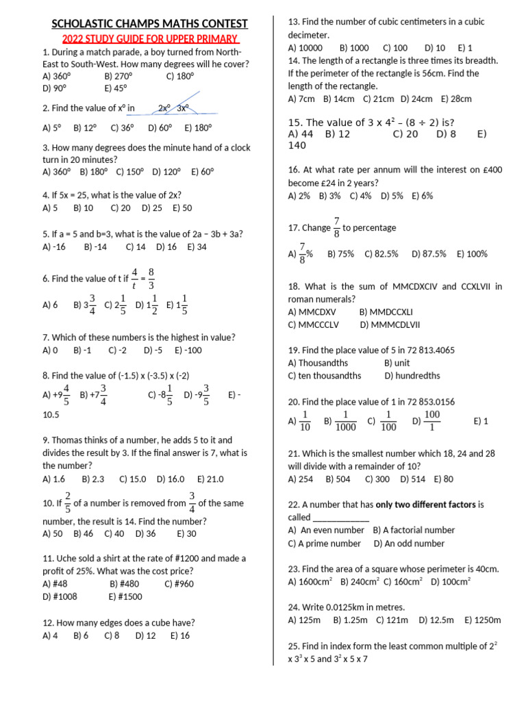 Upper Primary Maths Contest Guide | PDF | Mathematics | Elementary ...