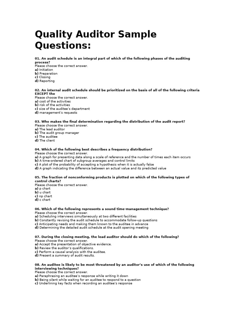 Quality Auditor Sample Questions | PDF | Audit | Scientific Method