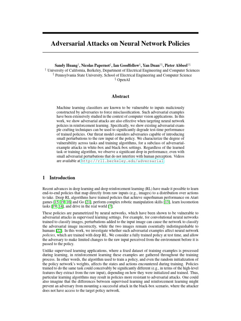 Adversarial Attacks On Neural Network Policies | PDF | Artificial Neural Network | Machine Learning