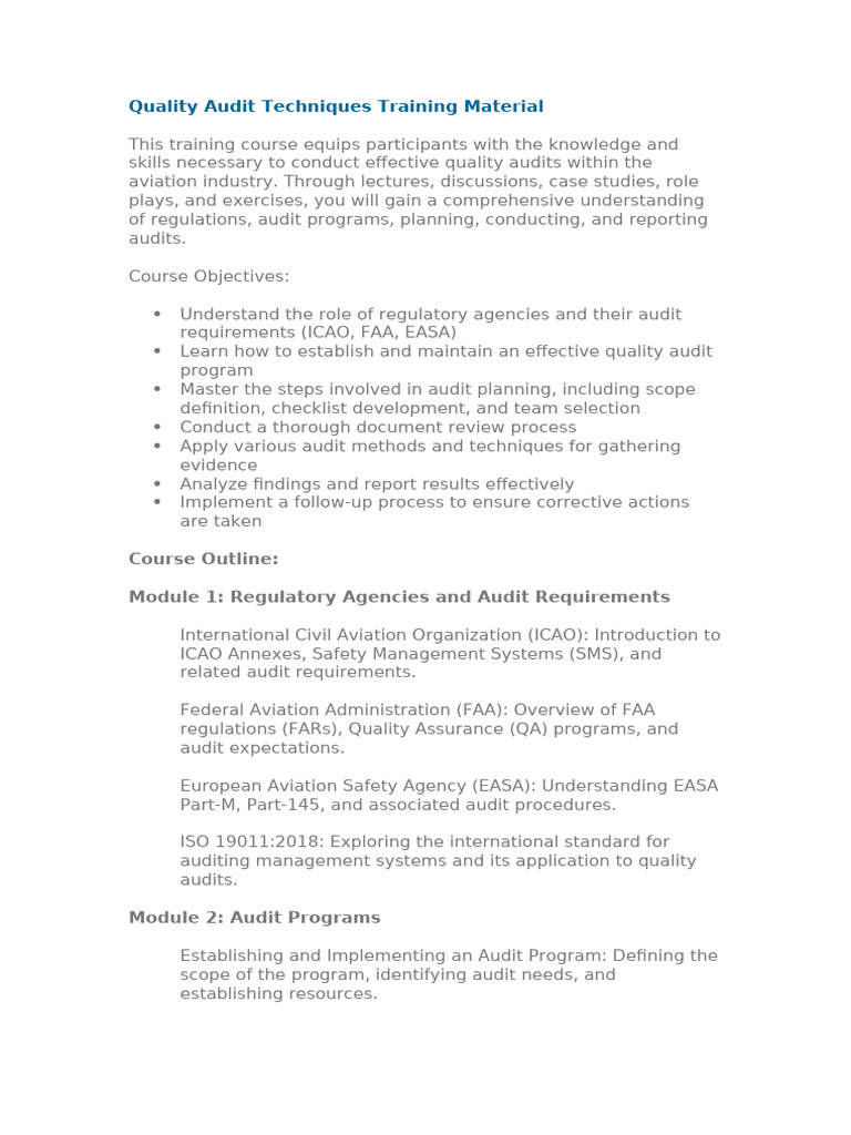 Aviation Quality Audit Techniques Training | PDF | Audit | Quality ...