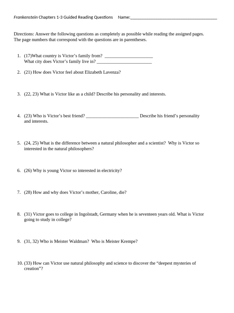 Frankenstein Chapter 1 Guided Questions | PDF