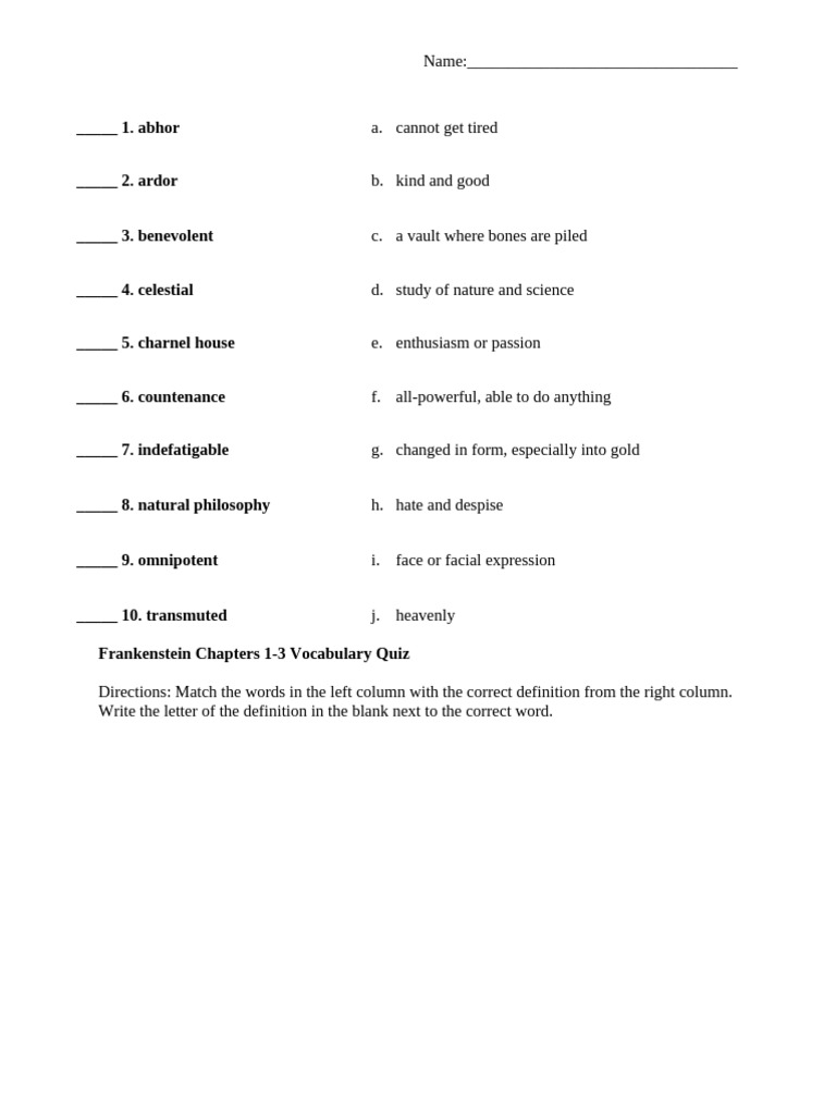 Frankenstein Chapter 1-3 Vocabulary Quiz | PDF