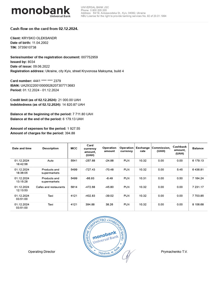 Universal Bank JSC Card Statement | PDF | Service Industries | Economies