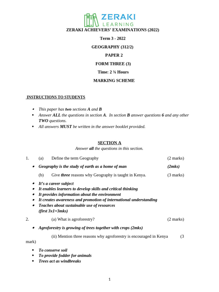 Geography Form 3 Paper 2 - Marking Scheme | PDF | Pastoralism | Livestock