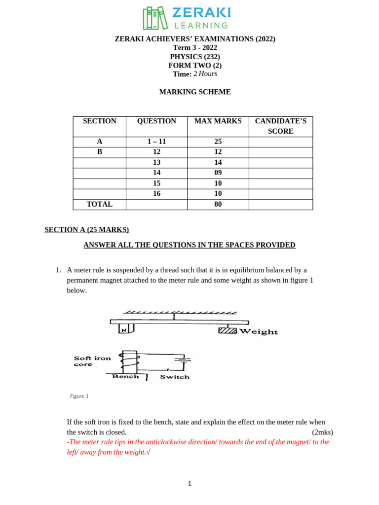 PHYSICS FORM 2 - - Marking Scheme | PDF | Mirror | Sound
