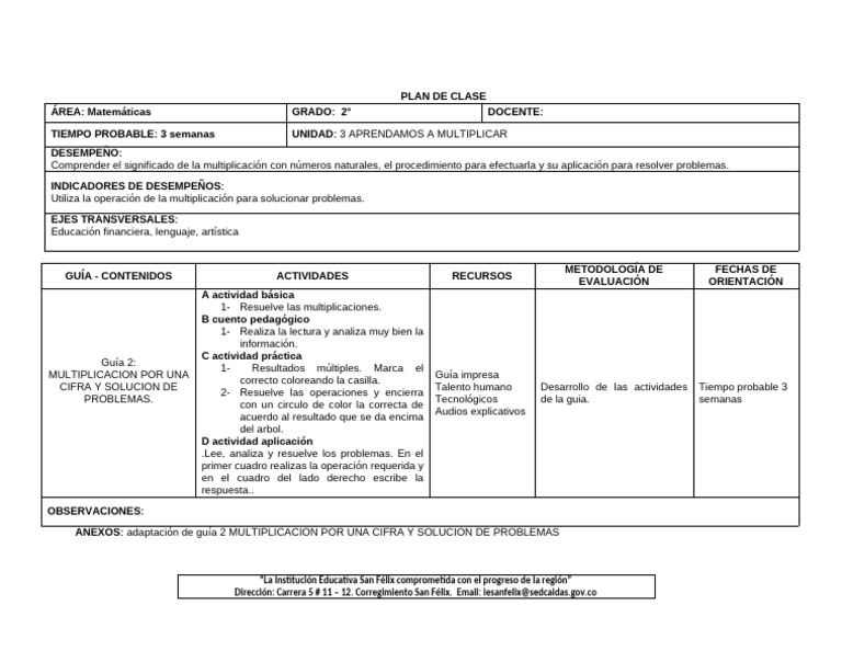Plan De Clase Guia Matematicas Ok Pdf Multiplicación Cognición