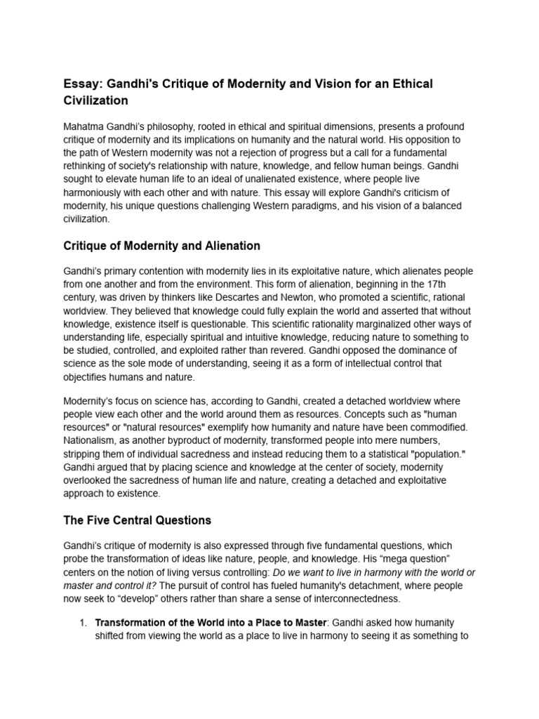 Essay - Gandhi's Critique of Modernity and Vision For An Ethical ...