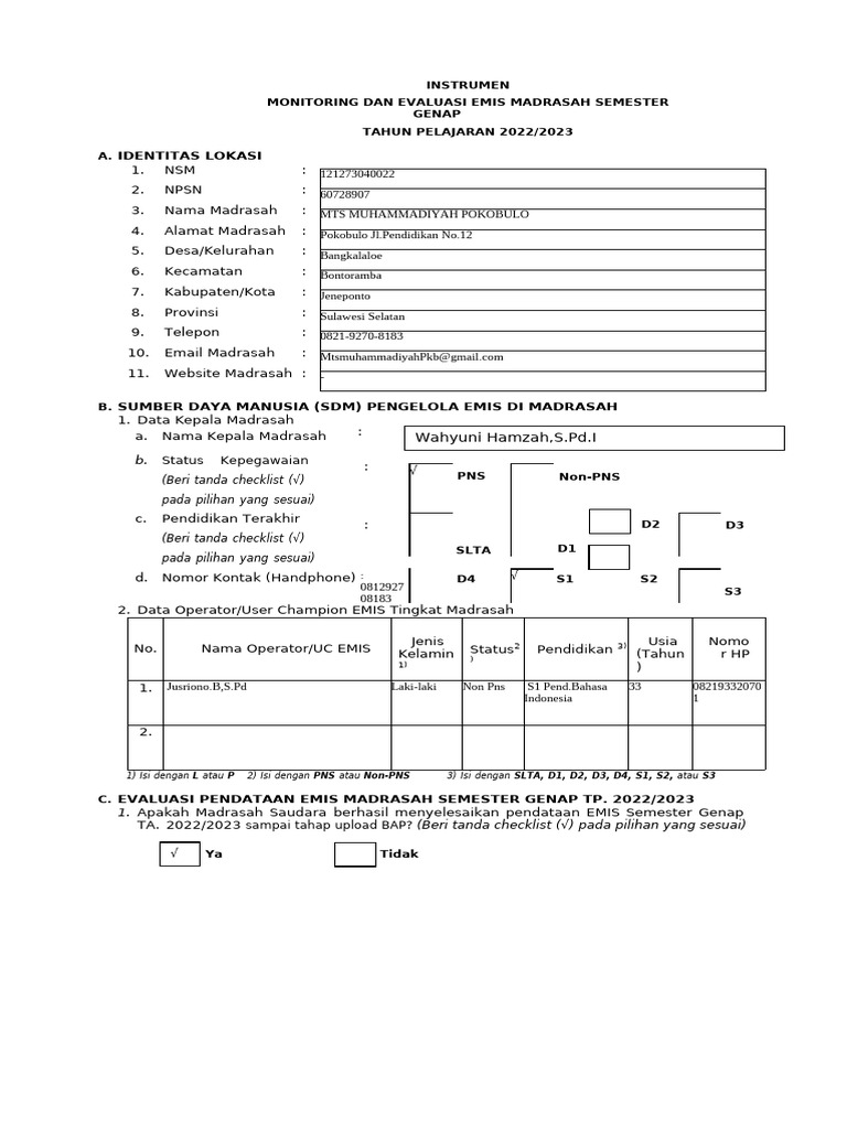 Instrumen - Monev EMIS | PDF