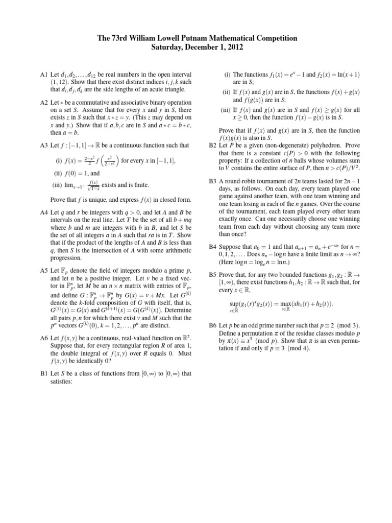 73rd Putnam Competition Problems | PDF | Mathematical Analysis ...