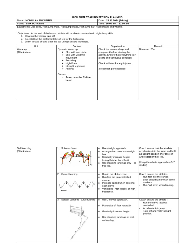 HIGH JUMP LESSON PLAN | PDF