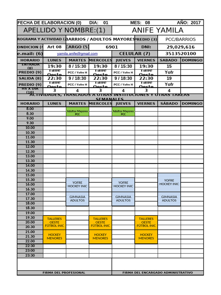 Planilla Horario de Act - Anife Yamila | PDF